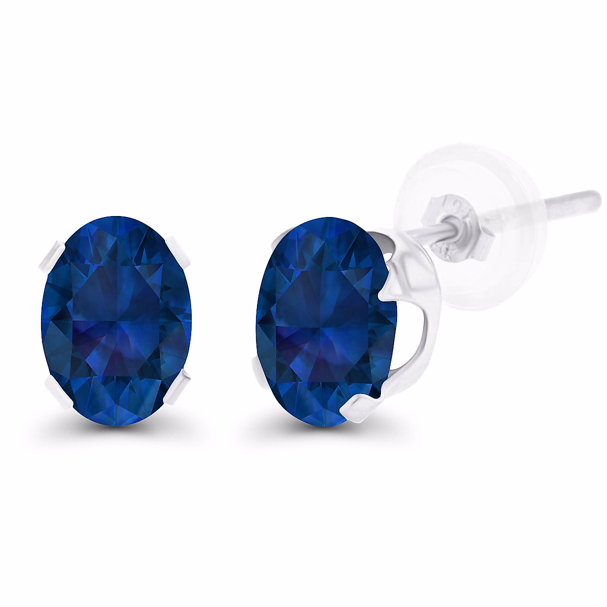 Genuine 10K Solid White Gold 7x5mm Oval Created Blue Sapphire September Birthstone Stud Earrings