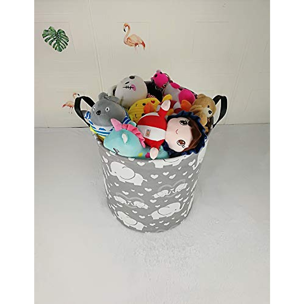 DUYIY 19.7 Inch Round Big Size Canvas Storage Basket with Handle Large Organizer Bins for Dirty Laundry Hamper Baby Toys Nursery Kids Clothes Gift Basket (heart elephant)