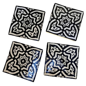 Painted Black White Ceramic Tile 4x4 - Moroccan Hand Painted Square Tile Zellige for Kitchen Backsplash, Outdoor/Indoor Tiles Bathroom or Shower Tile, Handmade Ceramic Traditional Tile (20 Tiles)