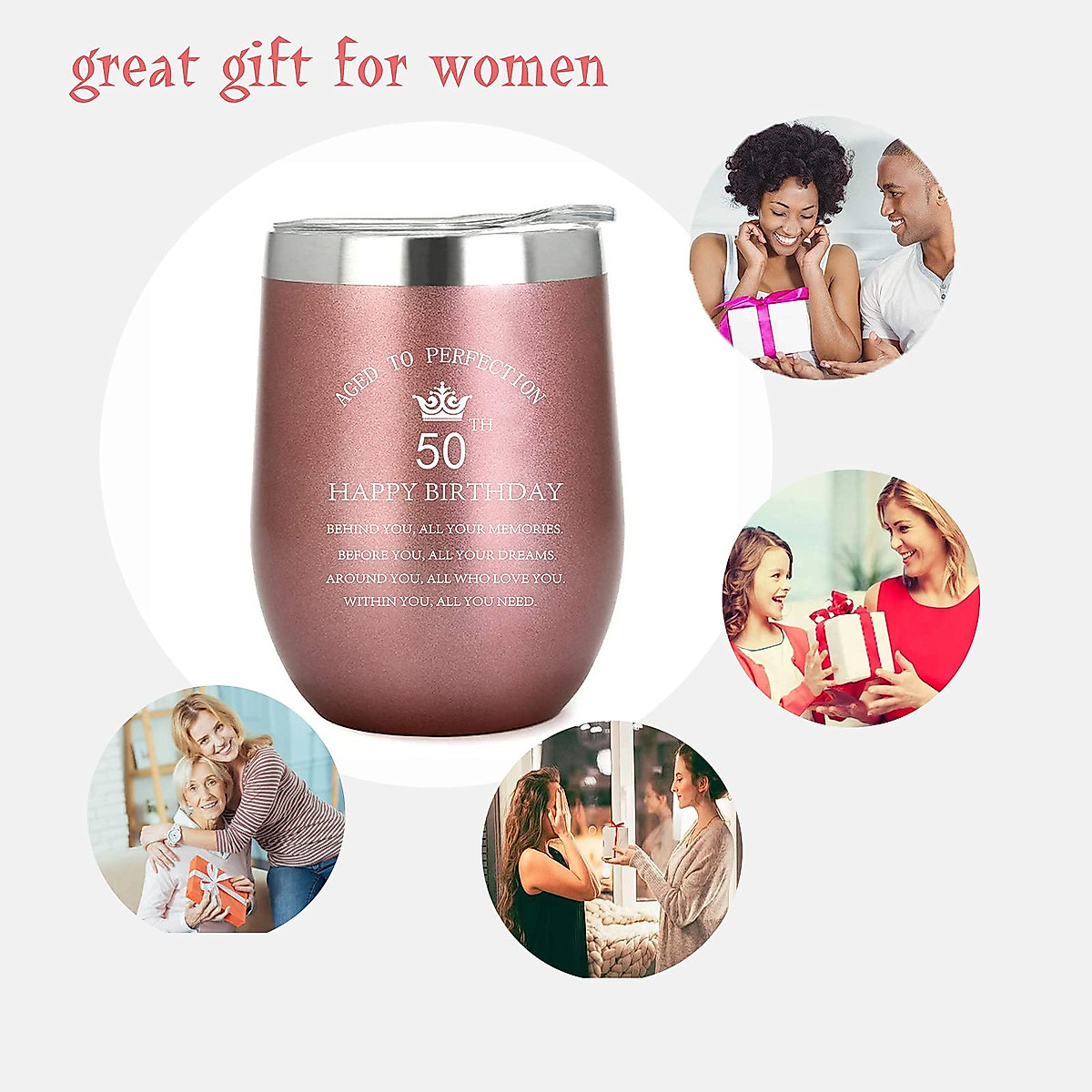 SFHMTL 50th Birthday Gifts for Women Wife-Behind You All Your Memories Happy 50 Year Old Birthday Gifts Ideas for Mom Friends Turning 50 Stainless Steel Insulated Wine Tumbler Cup(Rose Gold 12oz)