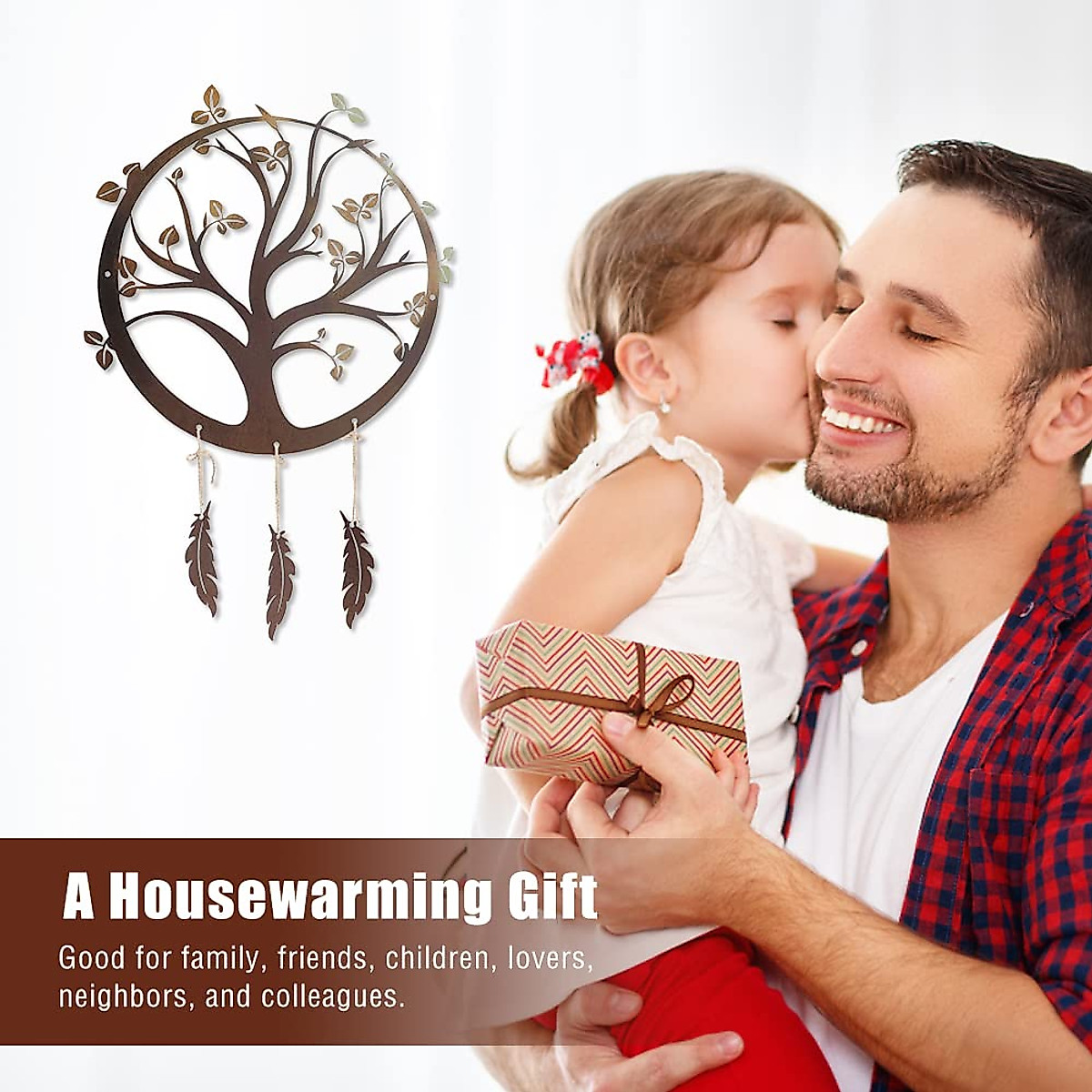 Topretty Tree of Life Metal Art Sculpture, Wall Hanging Tree Silhouette Decor with 3 Leaves, Tree Life Metal Hang Wall Artwork Plaque for Balcony Porch Living Room Garden Bedroom Office, 11'' x 11''