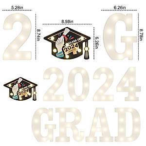 Graduation Party Decorations 2024-8 LED Long Marquee Light Up Letters 'Grad 2024' and 1 'Doctorial hat' - Graduation Party Decor for Kindergarten Preschool High School College Graduation