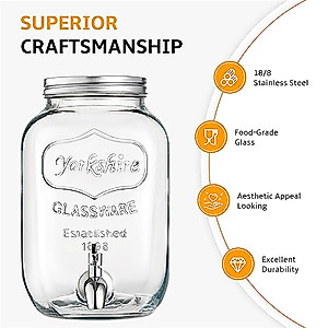 1-Gallon Glass Drink Dispenser with Stand and Lid, 18/8 Stainless Steel Spigot, [2 Pack] Glass Beverage Dispensers for Parties - Mason Jar Drink Dispensers with Lids, Wooden Chalkboards