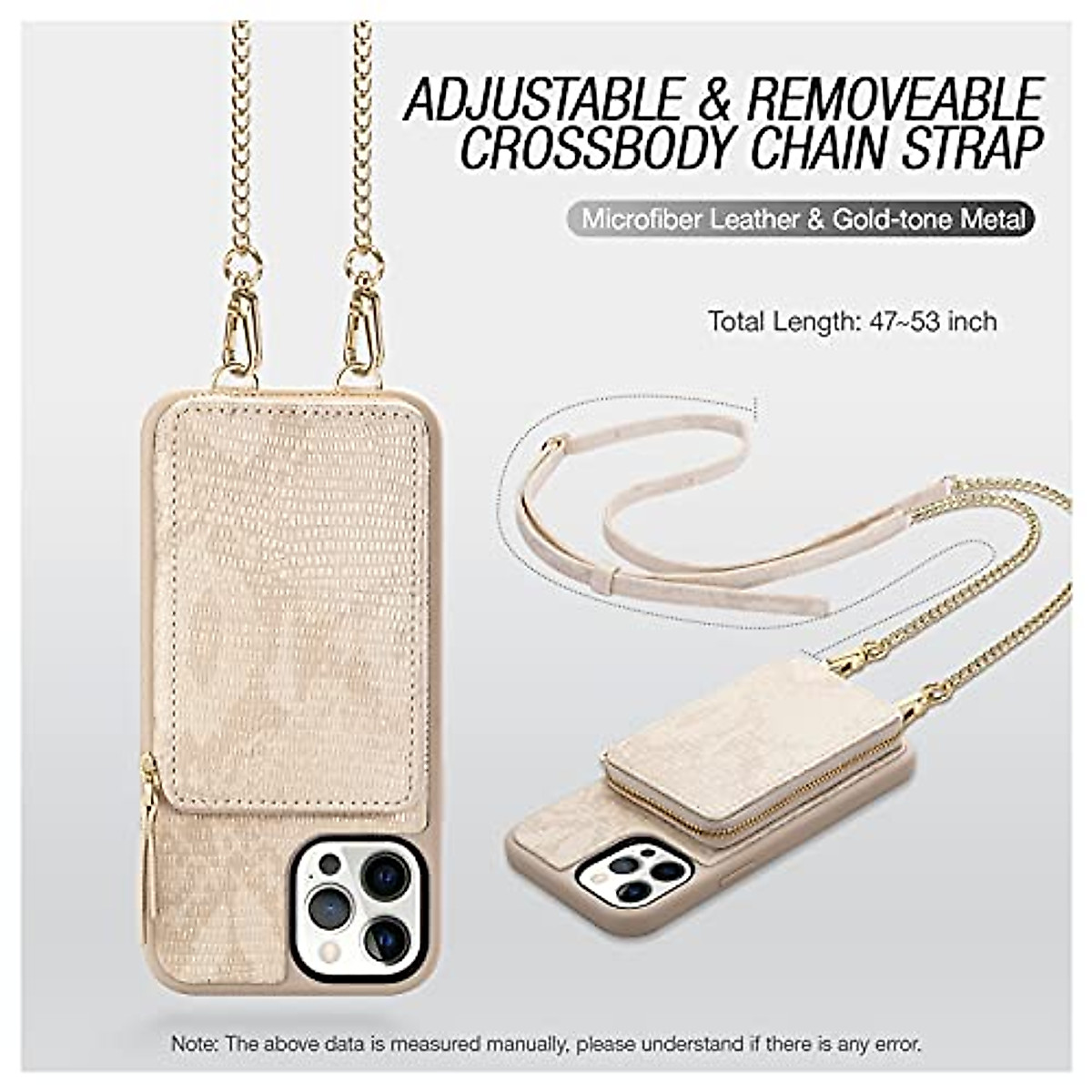 ZVEdeng Wallet Case for iPhone 12 Pro Max, Zipper Wallet Card Holder Case with Crossbody Chain Wrist Strap Leather Handbag for Women Protective Case for iPhone 12 Pro Max 6.7'' Lizard Skin Apricot