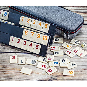 Rummy Tiles Game, Rummy Cube Travel Game Set Outlasting Color with 4 Anti-Skid Rack & Convenient EVA Hard Case