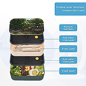 Full Of Flowers Premium Bento Lunch Box, 2 Compartments Leakproof Lunch Box With Cutlery For Adults, Microwave & Dishwasher Safe