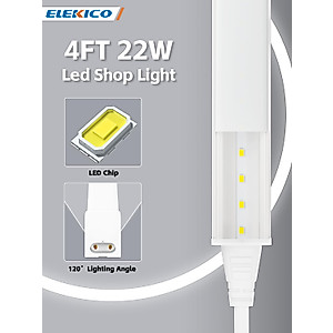 ELEKICO 4FT Led Shop Light, 22w 2500lm 6500k Linkable 4 ft Led Lights with Plug On/Off Power Cord, T5 Garage Lighting Fixture,4 Foot Ceiling and Under Cabinet Light for Garage Workshop 6 Pack