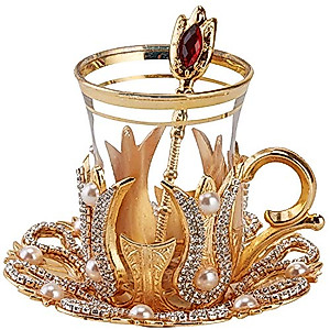 (Set of 6) Turkish Tea Glasses Set with Saucers Holders Spoons, Decorated with Swarovski Type Crystals and Pearl,24 Pcs (Gold), 3.3 Ounces