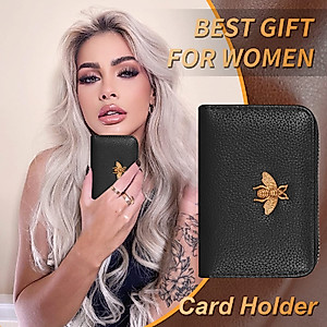 Credit Card Holder Wallet Case Womens Teen Girls Ladies Female Bee Genuine Cowhide Leather Small Black Rfid Blocking Wallets With Detachable Beaded Chain Zipper Around