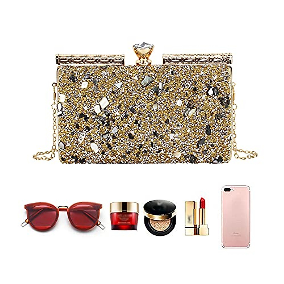 Quniko Chic Rhinestone Box Clutch Bling Evening Wedding Handbags Bridal Purse, Gold