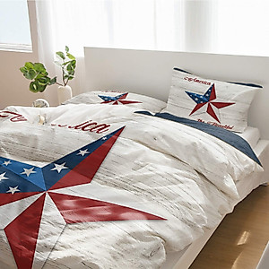 3 Pieces Duvet Cover Bedding Set Queen 4th of July Independence Day Patriotic Star Breathable Ultra Soft Comforter Cover with Zipper and Pillowcases Luxury Quilt Covers for Bedroom Vintage Wood Board