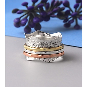 Star Design 925 Sterling Silver Three Tone Spinner Ring, Meditation Ring, Silver Spinner Ring (6)