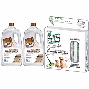 Quick Shine Hardwood Floor Luster 64oz, 2Pk & Hard Surface Floor Mop Refill Pad 12" Wx6 Dx1/2 H | Washable & Reusable | Scoops, Lifts & Traps Dirt & Debris