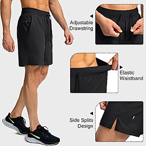 Men's Running Shorts with Zipper Pockets 7 Inch Lightweight Quick Dry Gym Athletic Workout Shorts for Men (Black, M)