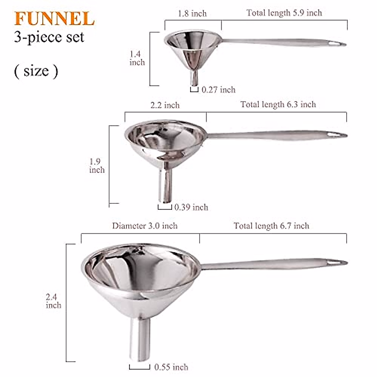 3 in 1 Metal Funnels for Filling Bottles Stainless Steel Small Kitchen Funnel Set for Transferring Essential Oils Liquid Fluid Spice Dry Ingredients Powder, Durable and Dishwash Safe