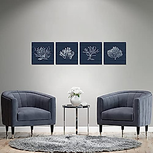 HOMEOART Coral Canvas Wall Art Prints Ocean Navy Blue Coastal Artwork Beach Home Decor Picture Framed Ready to Hang 12&quot;x12&quot;x4 Pieces