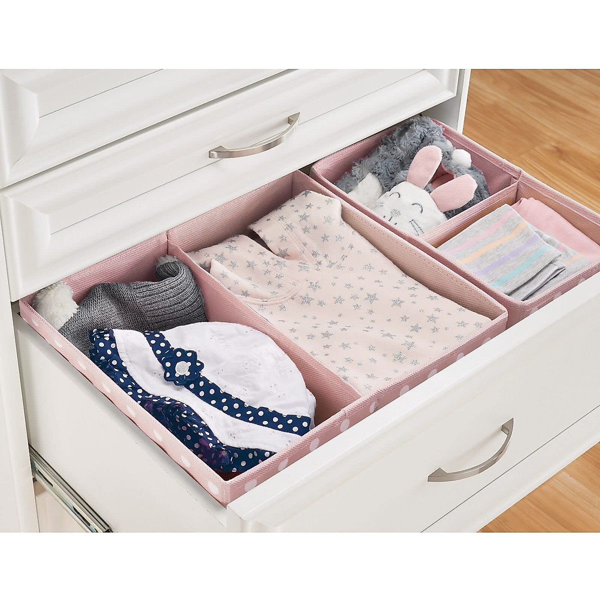 mDesign Fabric Drawer Organizer Bins, Kids/Baby Nursery Dresser, Closet, Shelf, Playroom Organization, Hold Clothes, Toys, Diapers, Bibs, Blankets, Set of 2, 6 Pack, Pink/White Polka Dot