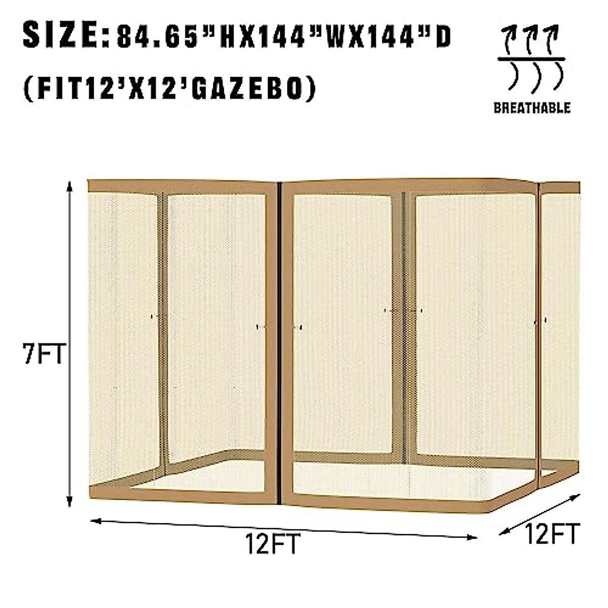 Aoodor Universal 12' x 12' Gazebo Netting Screen Replacement 4-Panel Sidewalls for Patio (Only Netting)