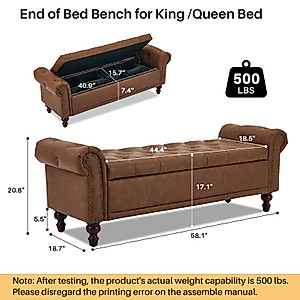 SOFTHION Storage Bench Upholstered PU Leather End of Bedroom Bed Bench Ottoman with Tufted Cushioned Rolled Arm Large Storage Space for Reading Living Room Entryway, Brown