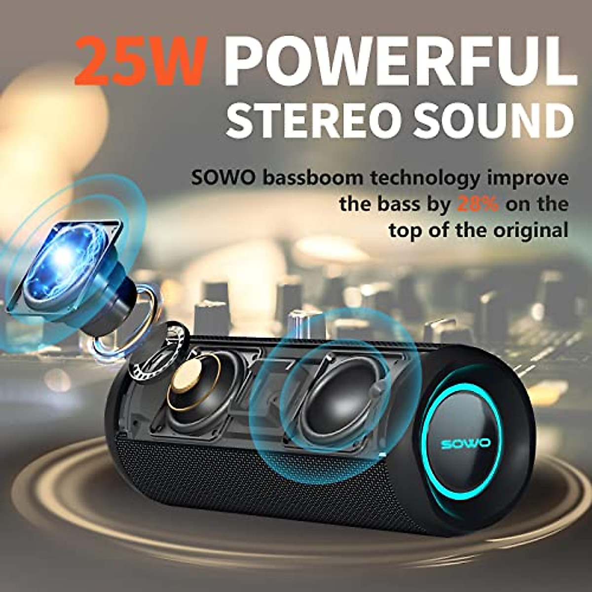 Portable Speaker, Wireless Bluetooth Speaker, IPX7 Waterproof, 25W Loud Stereo Sound, Bassboom Technology, TWS Pairing, Built-in Mic, 16H Playtime with Lights for Home Outdoor - Black