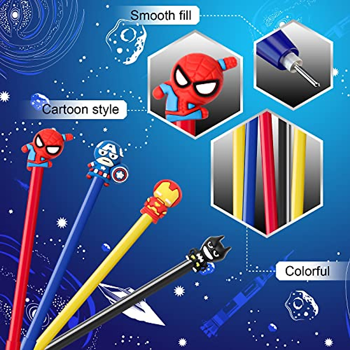 AFZMON 24PCs Superhero Party Favors Gel Pen, Superhero Themed Pens Black Gel Ink Pens Cute Kawaii Gifts for Kids, Superhero Themed Party Supplies Pinata Stuffers and School Office Supplies