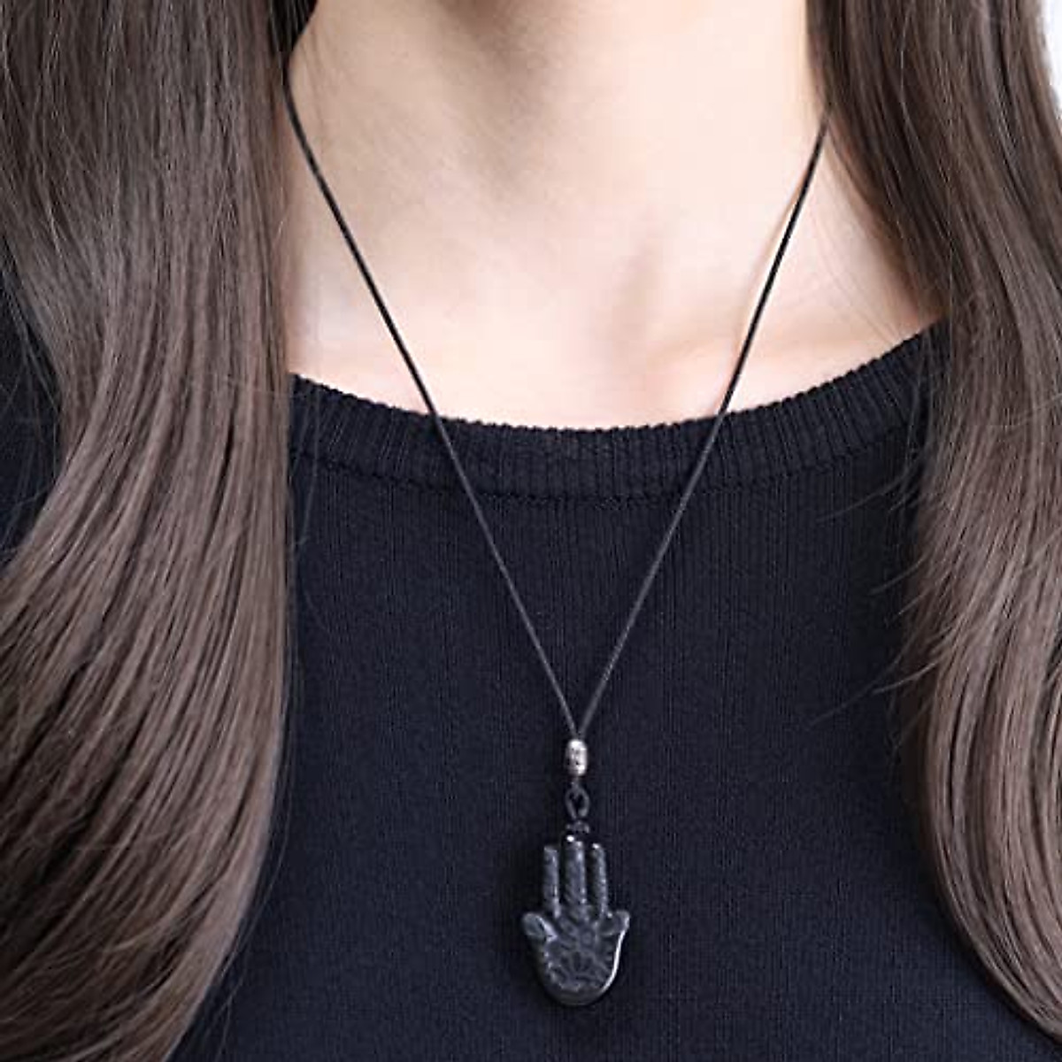 COAI Adjustable Nylon Cord Hamsa Hand Obsidian Black Stone Necklace