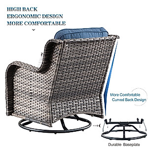 6 Piece Outdoor Patio Furniture Set Wicker Conversation Bistro Set Swivel Rocking Chairs with Side Table and Ottomans for Backyard, Porch, Balcony,Grey Wicker Denim Blue