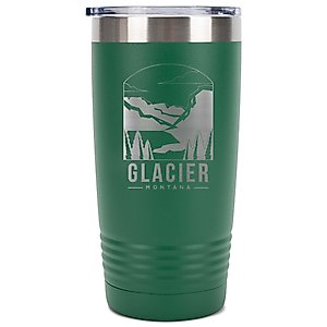 100 North, Polar Camel, United States National Parks, Green 20 Ounce, Stainless Steel, Vacuum Insulated Travel Tumbler Mug With Clear Lid, Glacier Montana