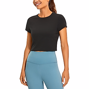CRZ YOGA Butterluxe Short Sleeve Shirts for Women High Neck Crop Tops Basic Fitted T-Shirt Gym Workout Top Black X-Small