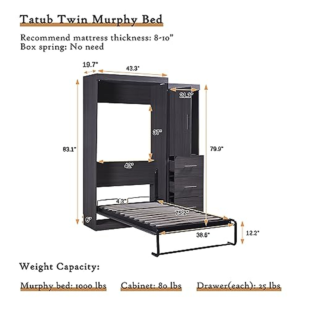 Tatub Murphy Bed Twin Size, Murphy Bed Cabinet Bed, Wall Bed with Wardrobe and Drawers, Murphy Cube, Hide a Bed on a Cabinet, Space Saving, No Box Spring Required