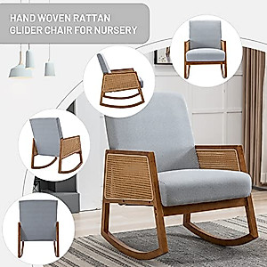 NIOIIKIT Nursery Rocking Chair with Wood Frames, Mid Century Upholstered Farmhouse Living Room Armchair, Comfy Glider Rocker for Nursery Living Room Bedroom Reading Indoor (Light Grey)