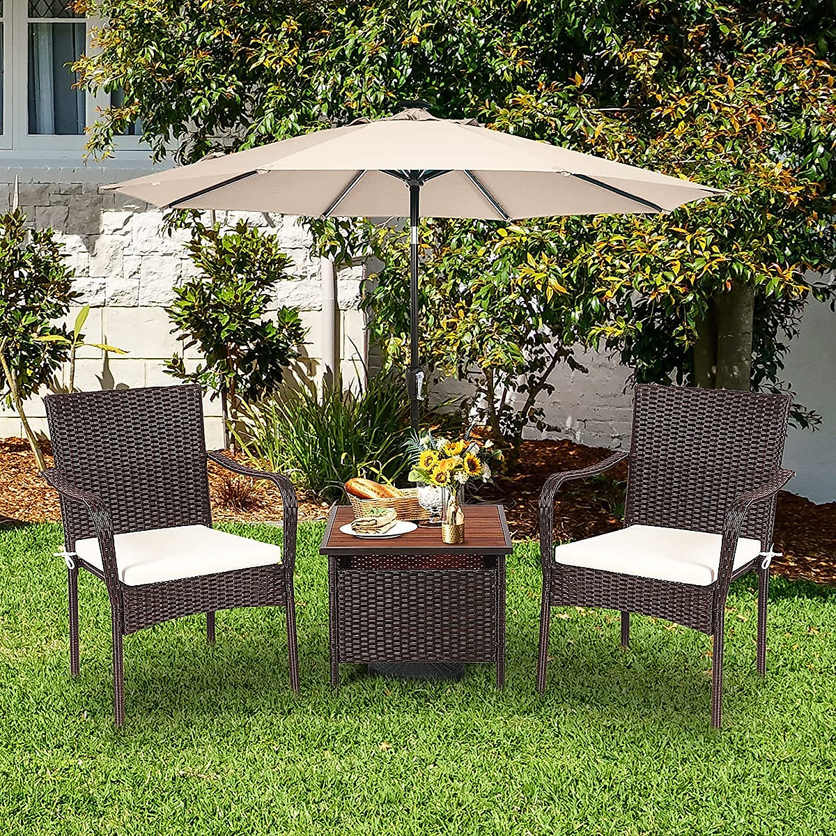 HAPPYGRILL 3-Piece Patio Bistro Set with Coffee Table & Umbrella Hole, Rattan Wicker Chairs Set with Umbrella Stand Table, Soft Cushions, Outdoor Furniture Set for Balcony Porch Poolside Garden