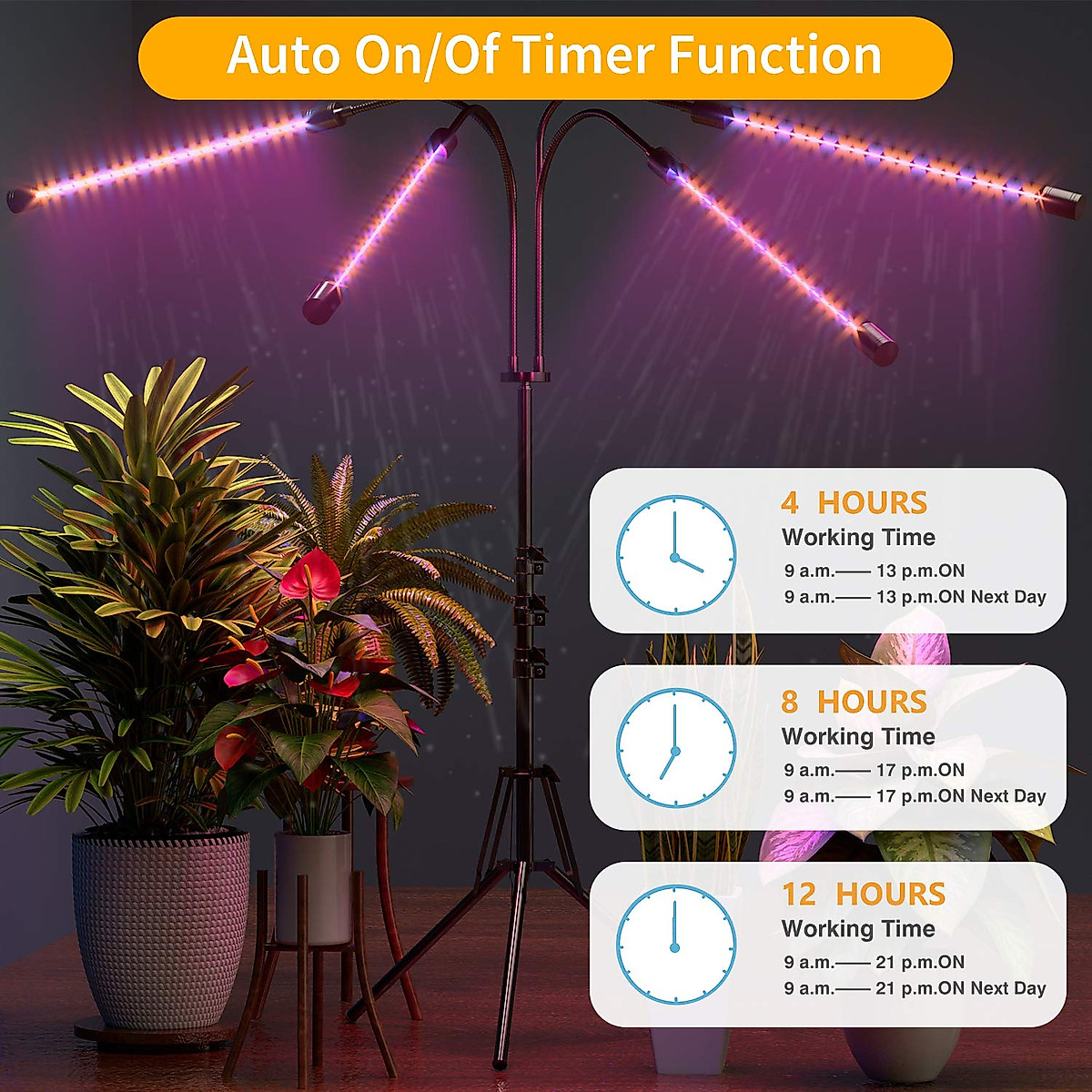 FRENAN Grow Light with Stand, Grow Lights for Indoor Plants with Red Blue Spectrum, 10 Dimmable Brightness, 4/8/12H Timer, 3 Switch Modes, Adjustable Gooseneck, Suitable for Various Plants Growth