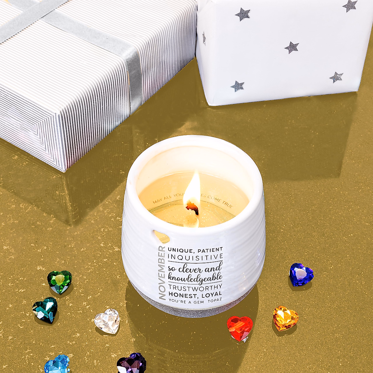 Pavilion GIft Company - November 11 oz Wax Reveal Candle, Natural Soy Wax Birthstone Candle, Jasmine Scented, Gemstone Candle with Crystal Inside, Birthday Gifts for Women, 1 Count