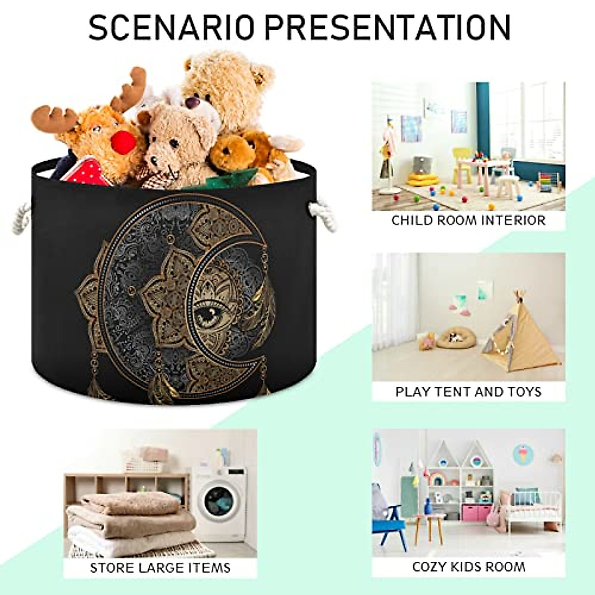 ALAZA Boho Chic Golden Crescent Moon & Sun Mandala Storage Basket Gift Baskets Large Collapsible Laundry Hamper with Handle, 20x20x14 in
