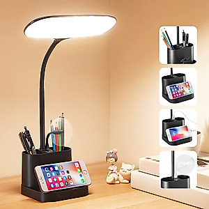 Mubarek Desk Lamps for Office Lamp 8W+3 Light Colors, USB Rechargeable & Dimmable Office Desk Lamp with USB Charging Port, 60LED+150Lumen LED Desk Lamps for Home Office Lamp LED Desk Light with Pen