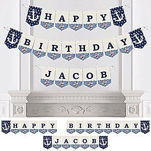 Custom Ahoy - Nautical - Personalized Birthday Party Bunting Banner & Decorations - Happy Birthday Custom Name Banner
