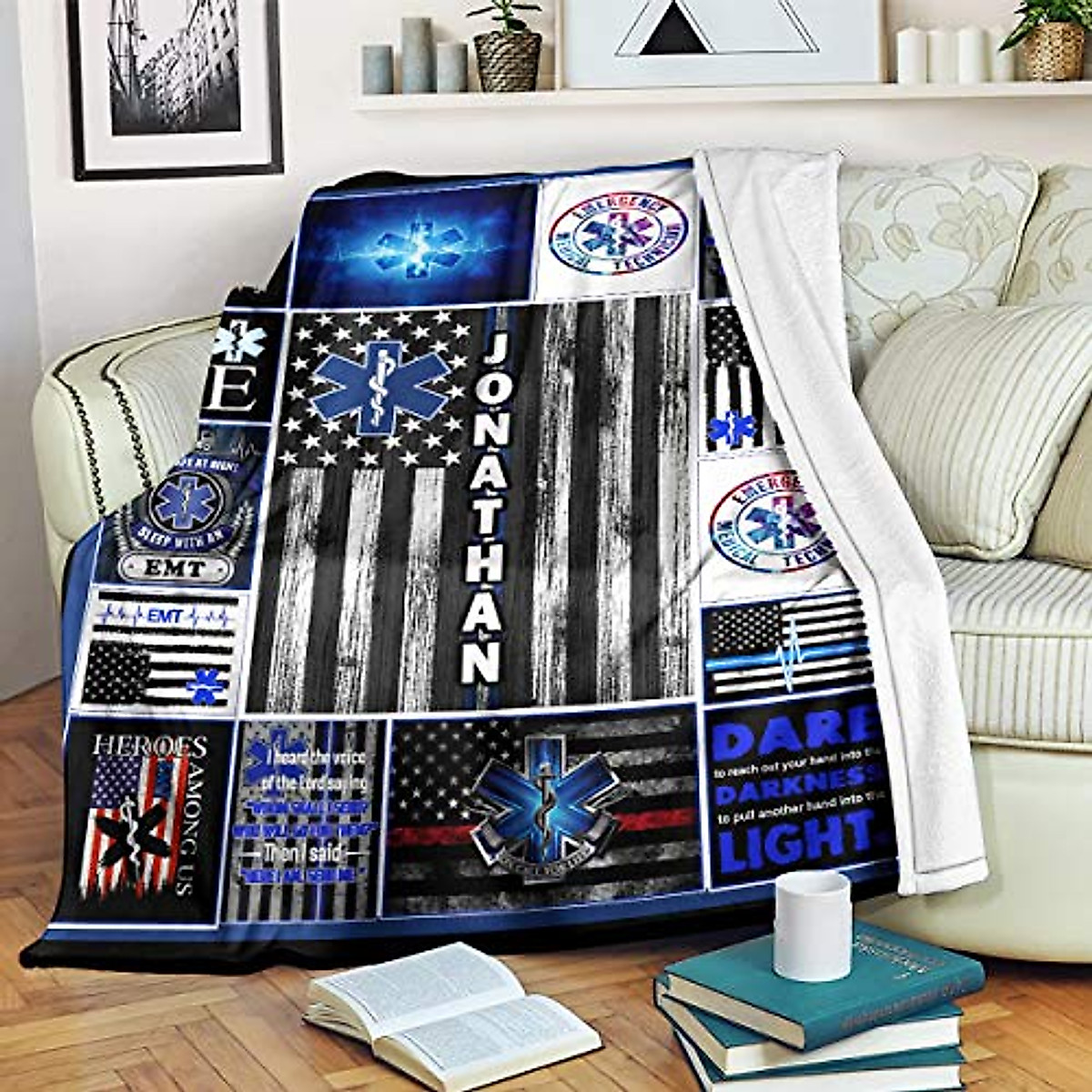 VTH GLOBAL Personalized Custom Name EMS EMT Paramedic Thin White Line Star of Life Fleece Sherpa Blanket Bed Throw Size Tapestry Wall Hanging