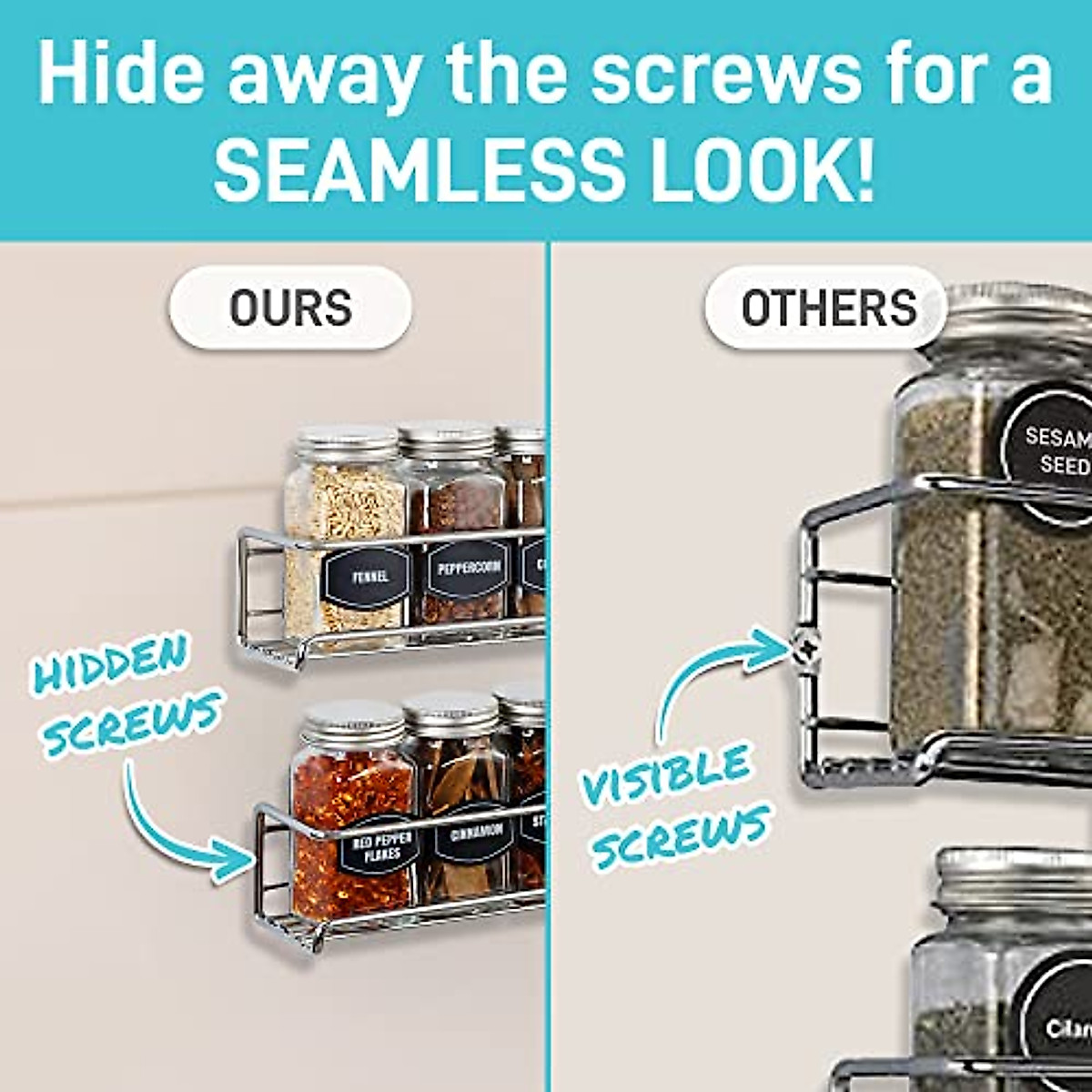 Ultimate Hostess Spice Rack Wall Mount - Spice Organizer for Cabinet, Pantry, and Tiny Kitchen - Space-Saving Hanging Spice Rack - Wall Spice Rack - Screw or Adhesive Spice Rack, 4-Tier, Fit 24 Jars