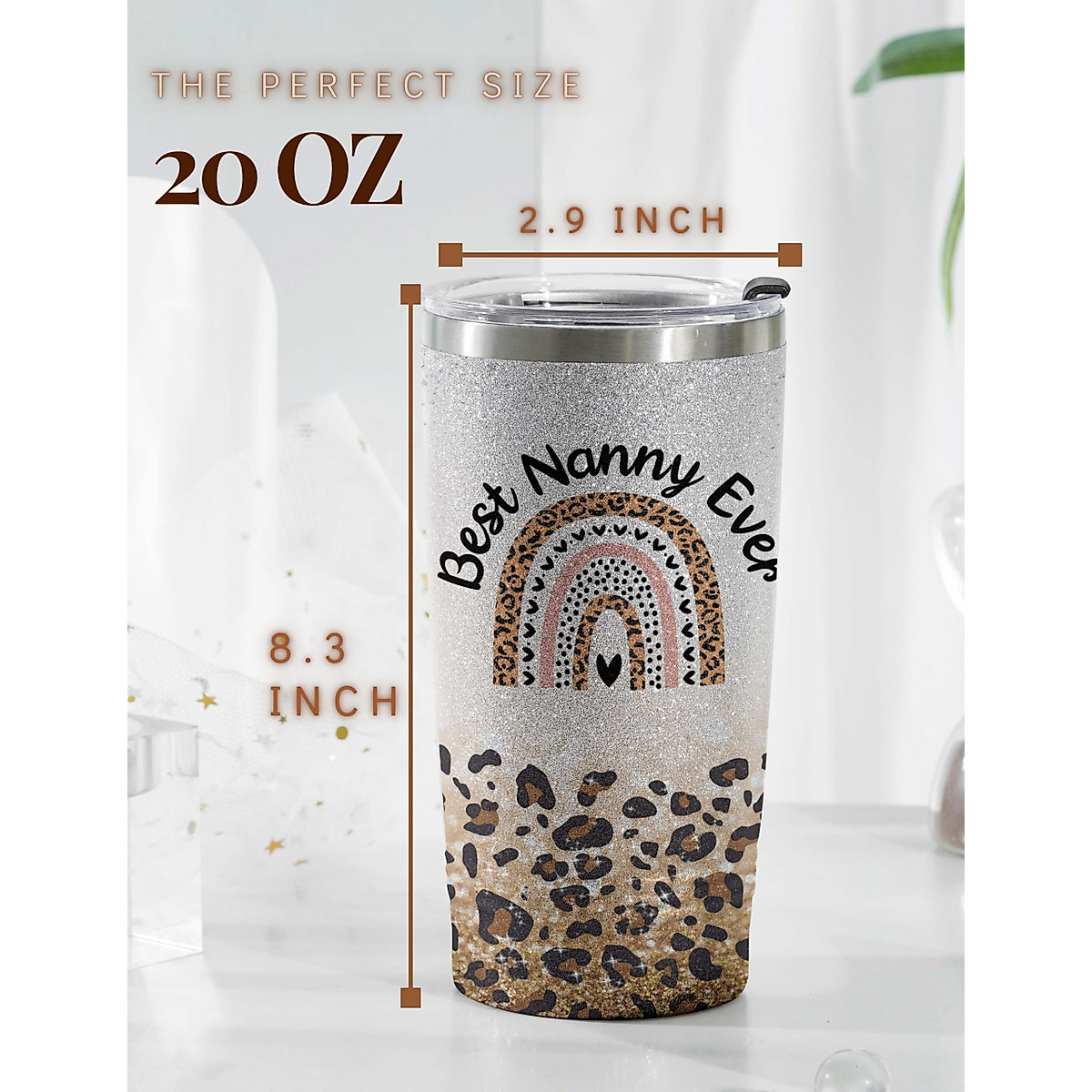 Onebttl Nanny Gifts from Granddaughter, Grandson, Insulated Stainless Steel Wine Tumbler with Lid and Straw, for Grandma on Mother's Day, Birthday, Christmas, Best Nanny Ever, Glitter Silver, 20 oz