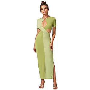 WDIRARA Women's Sexy Cut Out Keyhole Front Dress Split Side Hem Colorblock Short Sleeve Bodycon Casual Maxi Dresses Green M