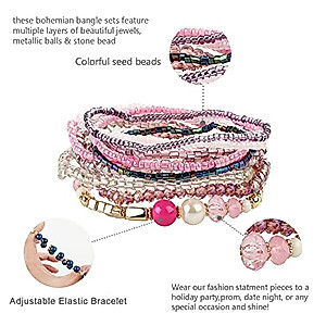 FIBO STEEL 6 Sets Bohemian Stackable Bead Bracelets for Women Stretch Multilayered Bracelet Set Multicolor Jewelry,Small Beads Stylish Style