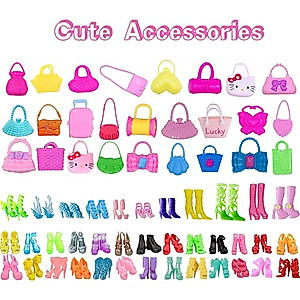 96 PCS Doll Clothes and Accessories for Barbie 11.5 inch Doll 16 Slip Dresses 20 Pair of Shoes 10 Handbags 30 Jewelry Accessories Fashion Outfits Necklace Mirror Earring Crown Hanger in Random