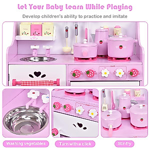 KOTEK Play Kitchen, Wooden Toddler Kitchen Playset with Sounds, 13 Pcs Accessories & Storage Cabinets, Pink Chef Pretend Play Toy with Sink & Stove, Kitchen Set for Kids, Gift for Girls Boys