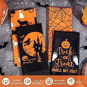 AnyDesign Halloween Kitchen Dish Towels 18 x 28 Inch Happy Halloween Tea Towel Dishcloth Orange Black Web Cat Witch Trick or Treat Drying Cloth Towel Hand Towel for Cooking Baking Bathroom, 4 Pack
