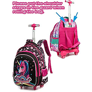 Girls Boys Kids Rolling Backpack with Wheels Trolley School Bag Waterproof Travel Luggage for Kids Girls and Students lunch bag Lightweight and Multi functional(Black Unicorn 16inch)