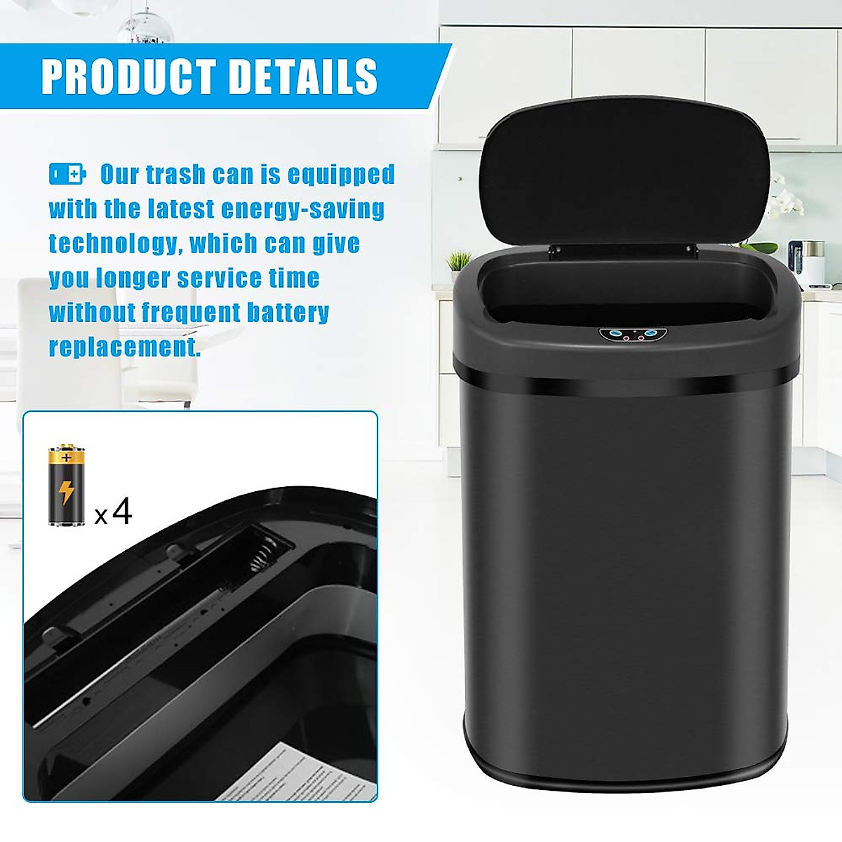 HGS 13 Gallons Trash Can Garbage Bin Stainless Steel Garbage Can Automatic Sensor Touch Free Waste Bins 50 L High-Capacity for Bathroom Bedroom Home Office, Black