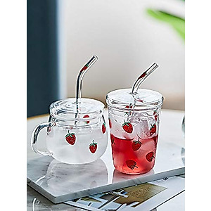 JHNIF 10 Oz Lovely Strawberry Clear Glass Mug with Lid and Straw.