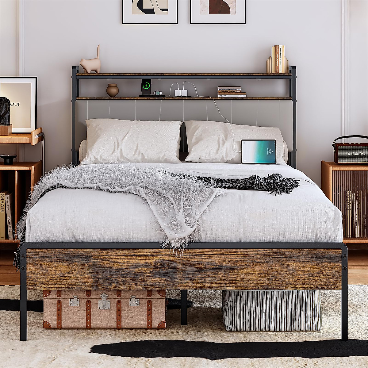 Redlife Full Size Bed Frame with 2-Tier Storage Headboard, Metal Platform Bed Frame with Charging Station & Upholstered, Noise-Free, No Box Spring Needed, Easy Assembly, Rustic Brown