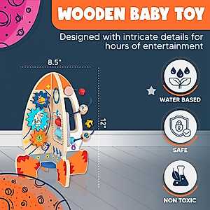 D DAKIN Rocket Toddler Wooden Activity Center Activity Cube Stand for 1 Year Old Boy Toys, Sensory and Educational Great First Birthday Gifts for Boys